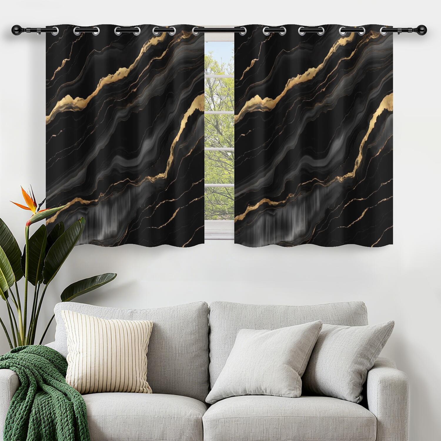 Black and Gold Marble Pattern Blackout Curtains,Triple Weaved Fabric ...