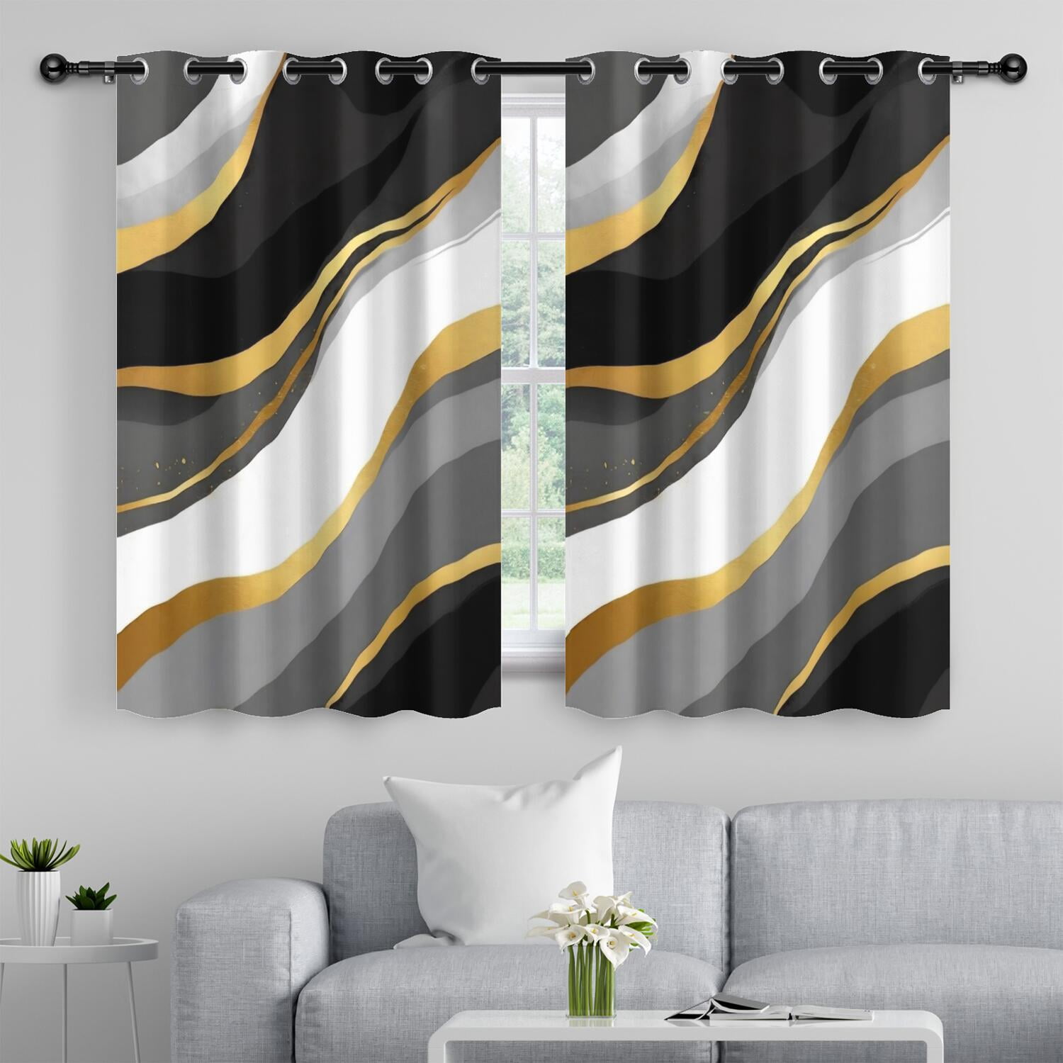 Black and Gold Marble Pattern Blackout Curtains,Triple Weaved Fabric ...