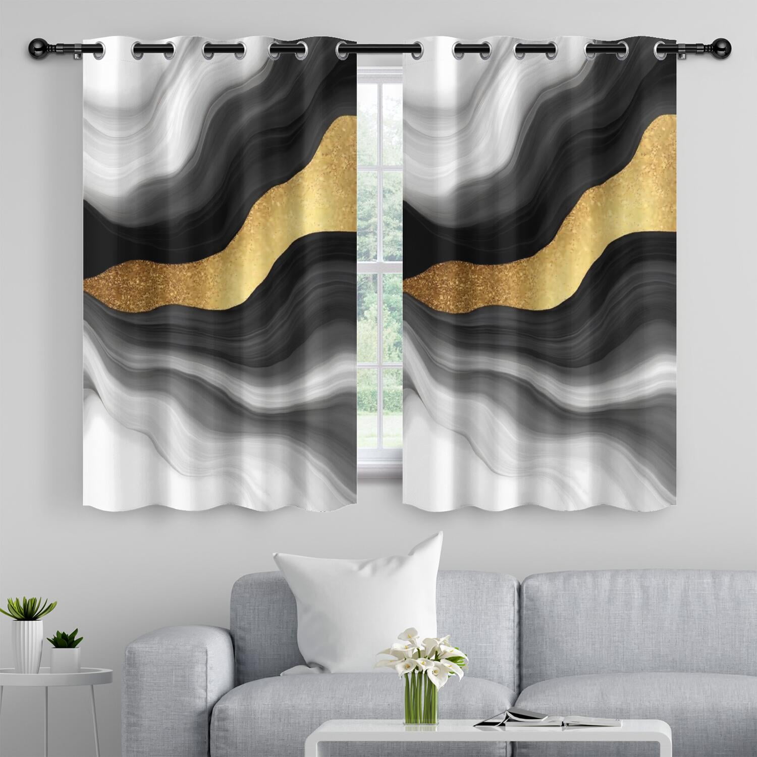 Black and Gold Marble Pattern Blackout Curtains,Triple Weaved Fabric ...