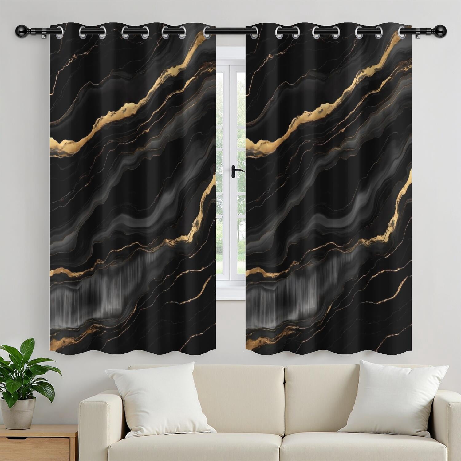 Black and Gold Marble Pattern Blackout Curtains,Triple Weaved Fabric ...