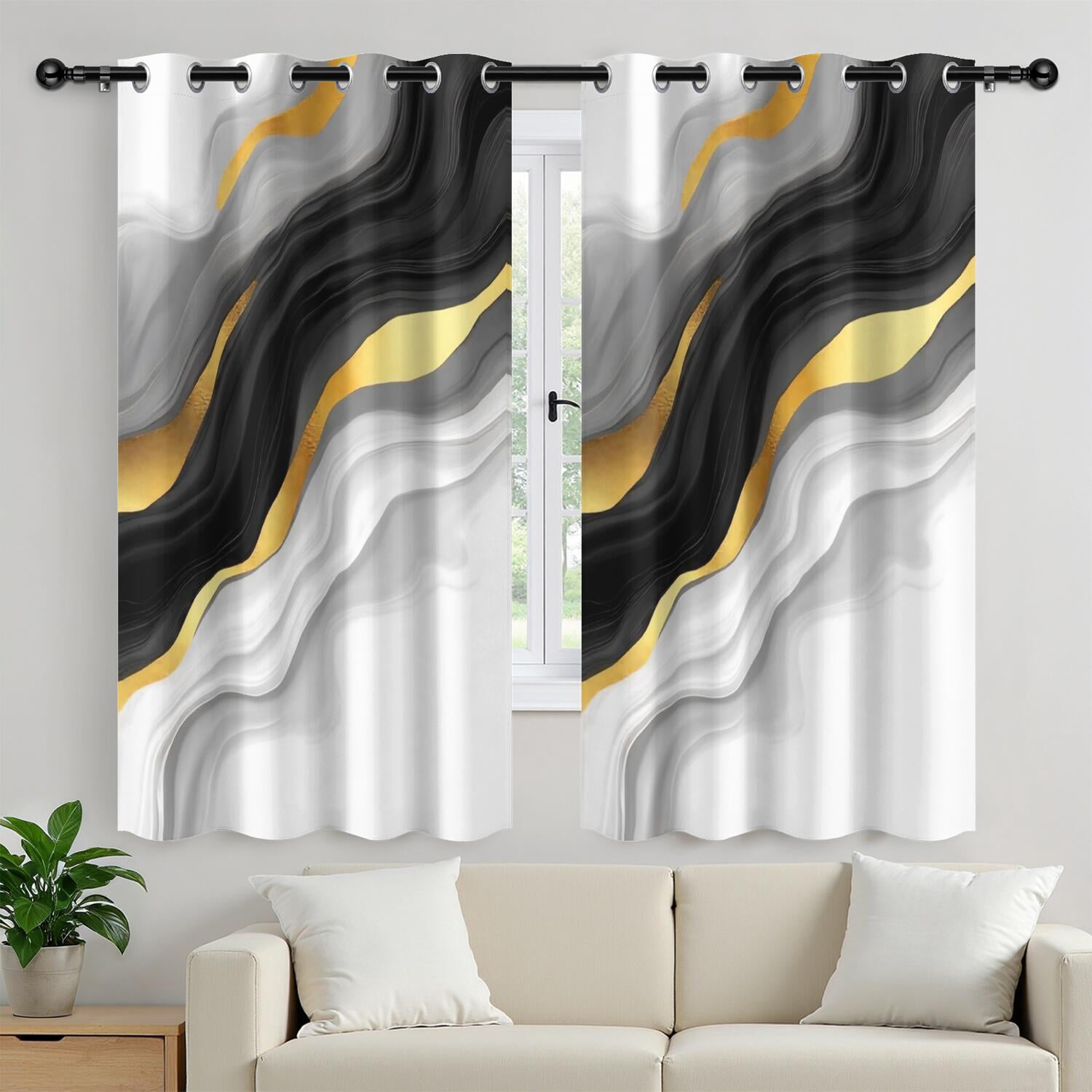 Black and Gold Marble Pattern Blackout Curtains,Triple Weaved Fabric ...