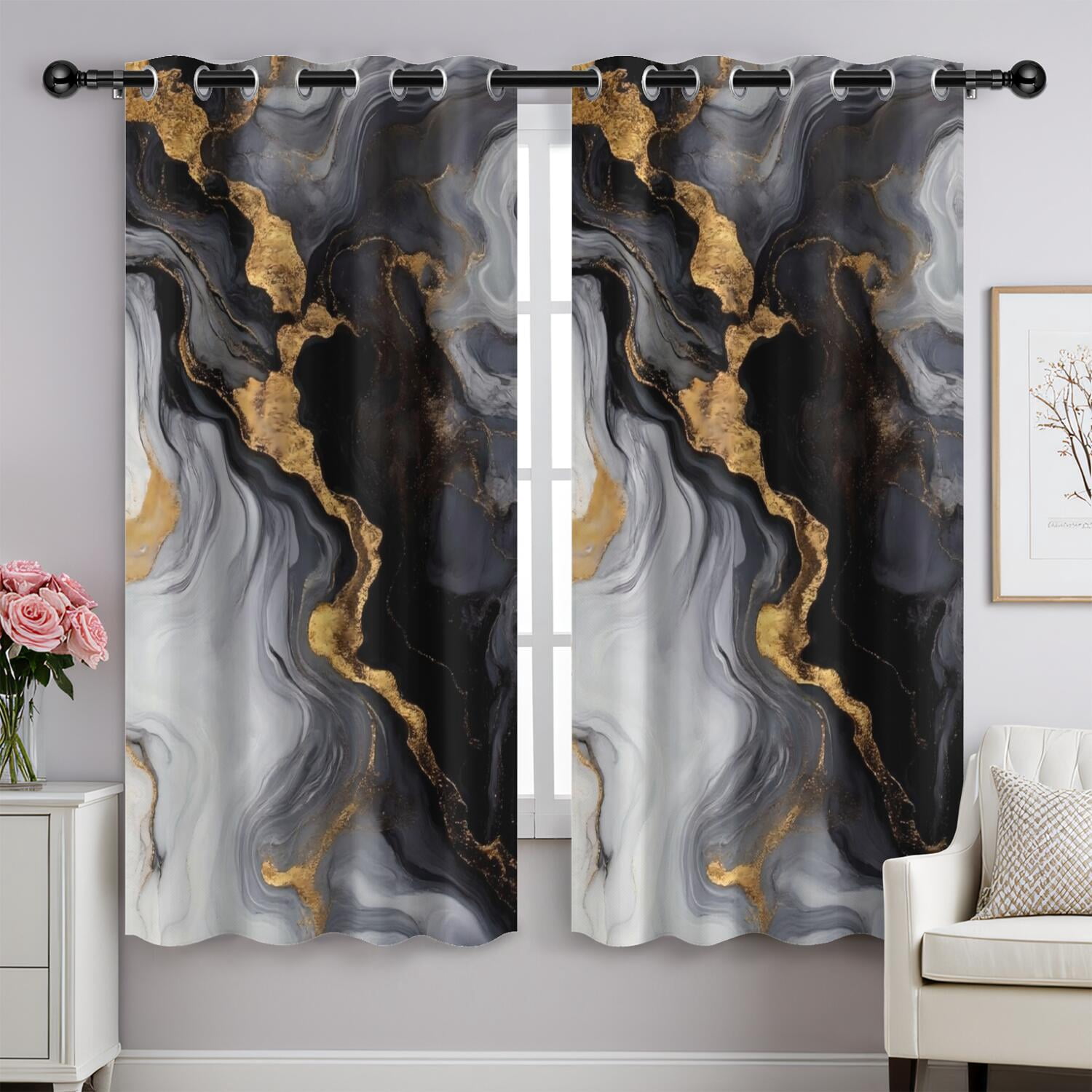 Black and Gold Marble Pattern Blackout Curtains,Triple Weaved Fabric ...