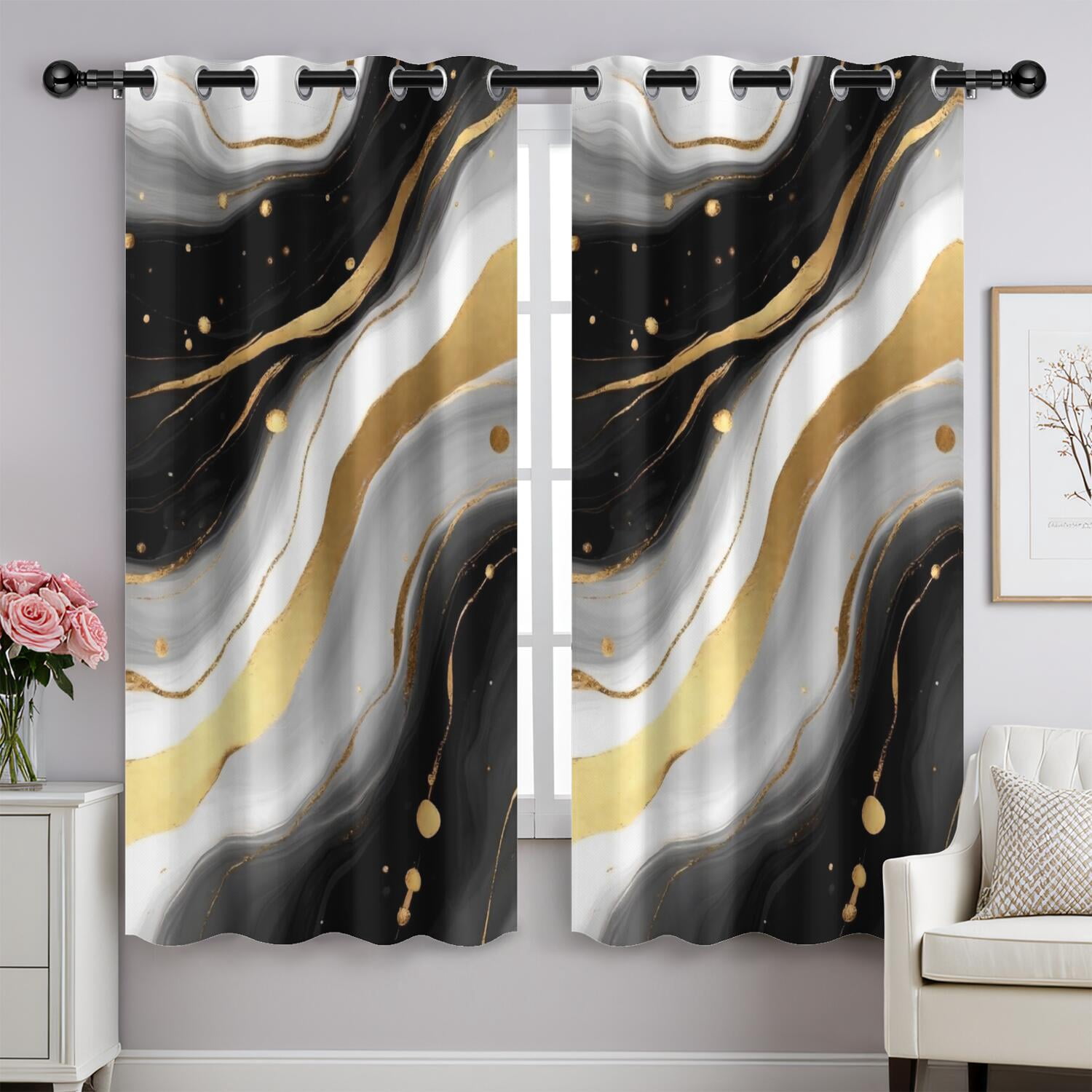 Black and Gold Marble Pattern Blackout Curtains,Triple Weaved Fabric ...