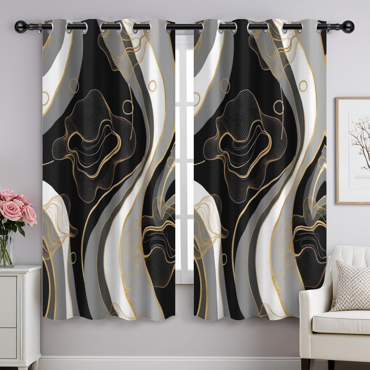 Black and Gold Marble Pattern Blackout Curtains,Triple Weaved Fabric ...