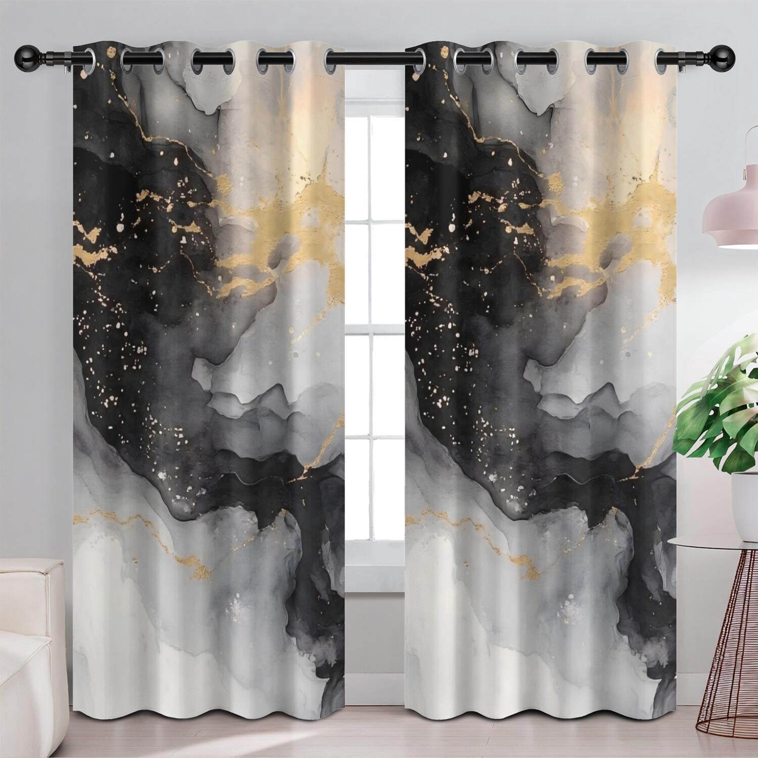 Black and Gold Marble Pattern Blackout Curtains,Triple Weaved Fabric ...