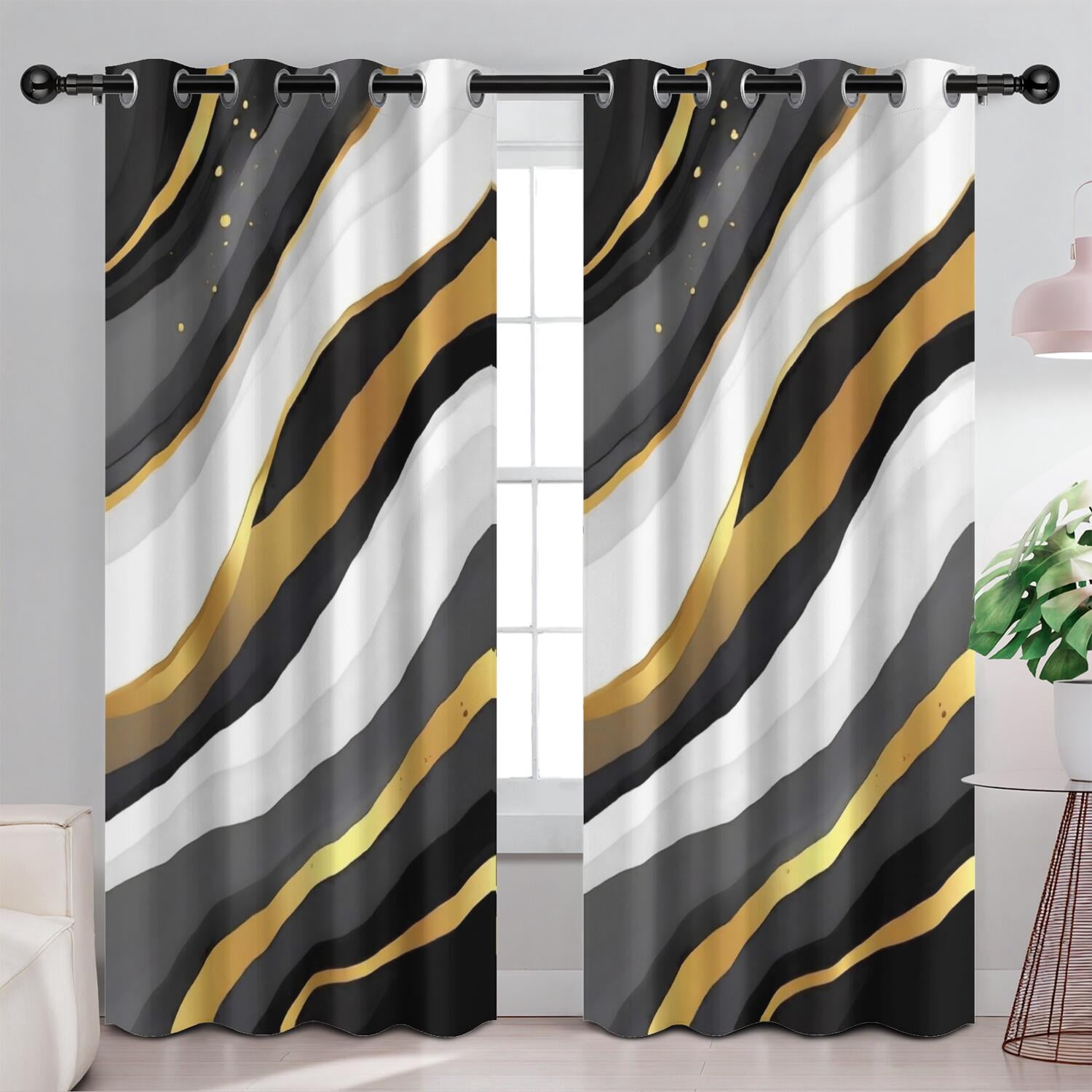 Black and Gold Marble Pattern Blackout Curtains,Triple Weaved Fabric ...