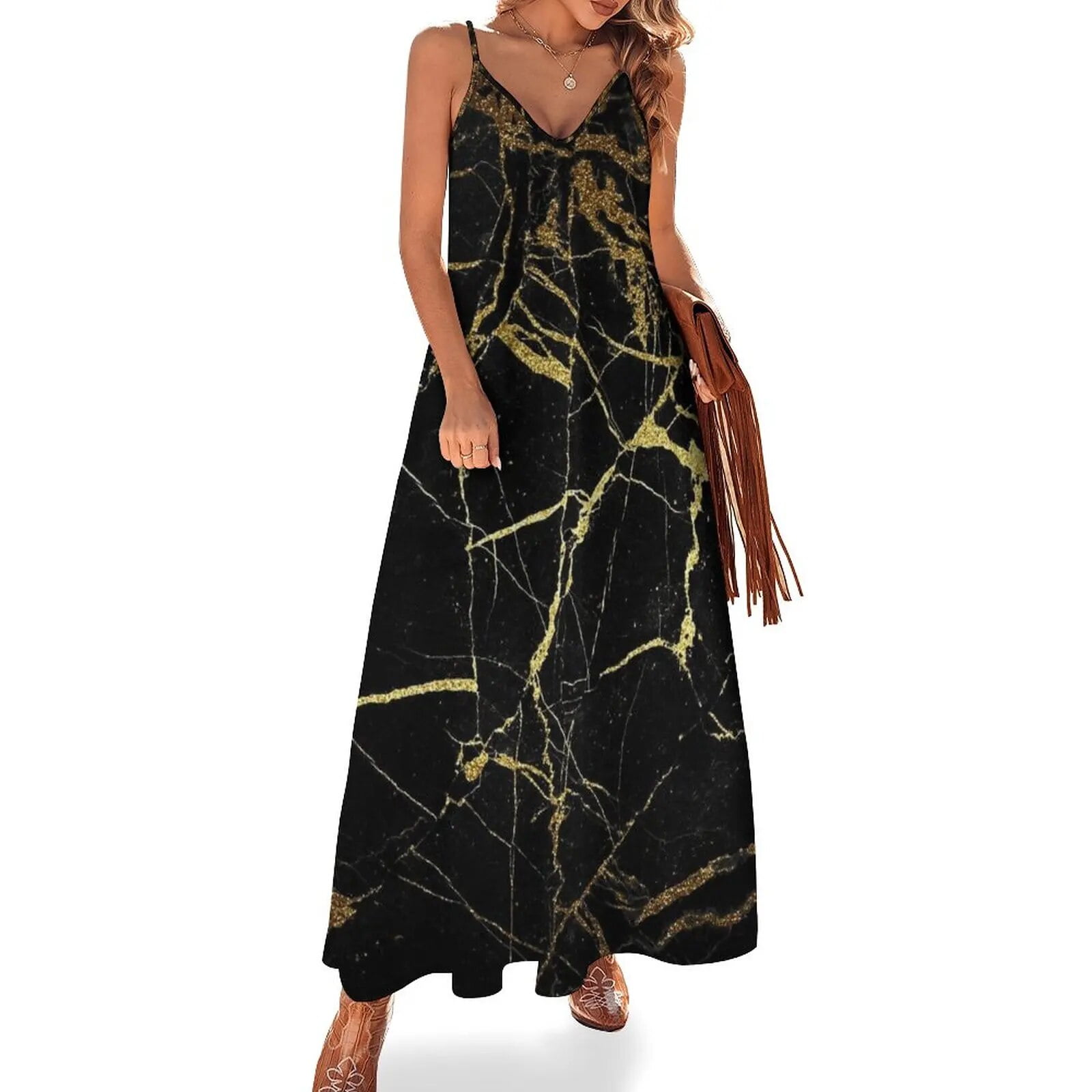 Black and Gold Marble Sleeveless Dress women formal occasion dresses ...