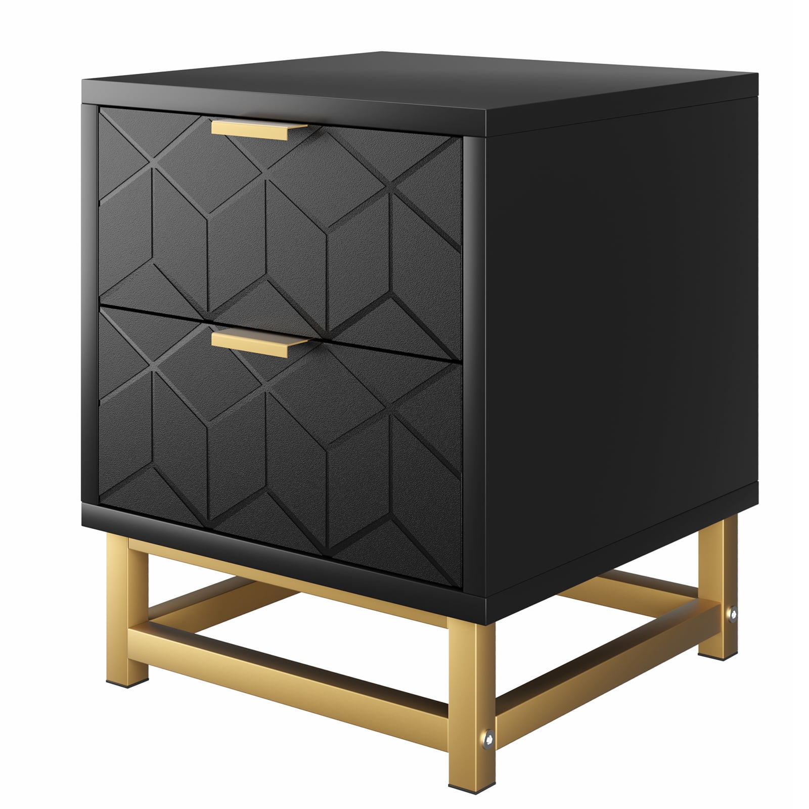 Glam Nightstand - Black and Gold Modern Bedside Table with 2 Drawers ...