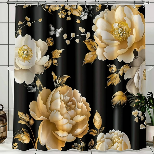 Black And Gold Peony Butterfly Shower Curtain Set Retro Style Chinese