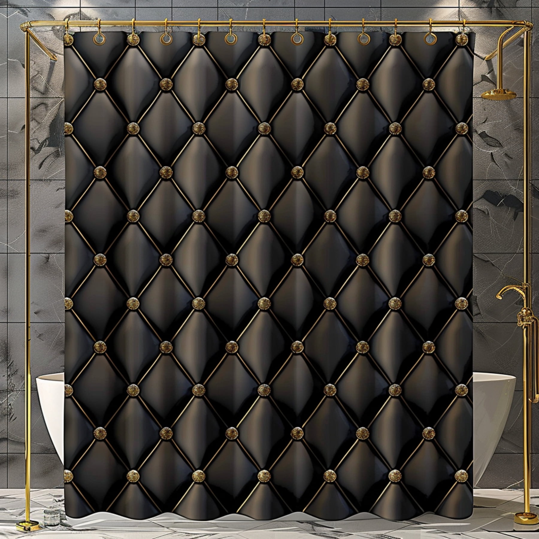 Black and Gold Quilted Pattern Luxury Shower Curtain with Golden ...