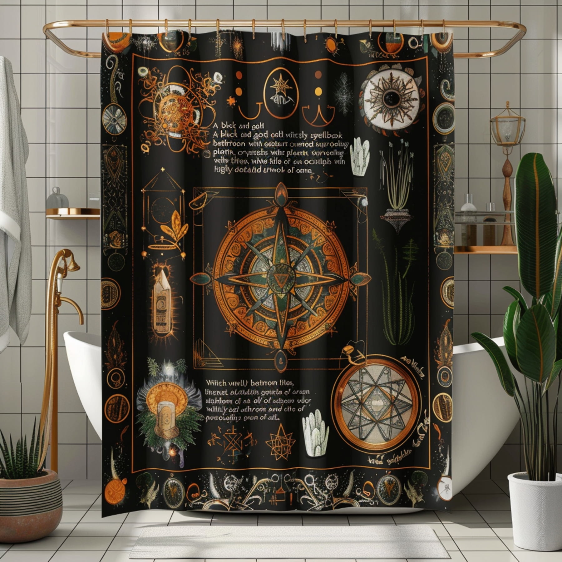 Black and Gold Spellbook Shower Curtain with Esoteric Symbols Plants ...