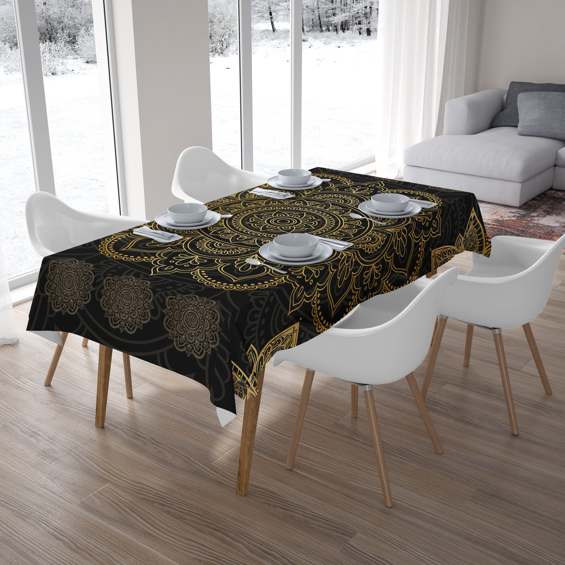 Black and Gold Tablecloth, Mandala Tablecloth, Boho Tablecloth ...