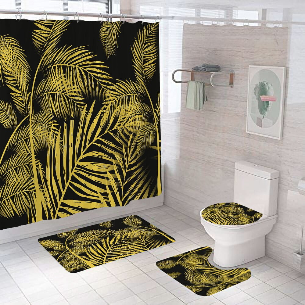 Black and Gold Tropical Plant Palm Leaf Bathroom Shower Curtain Set for ...