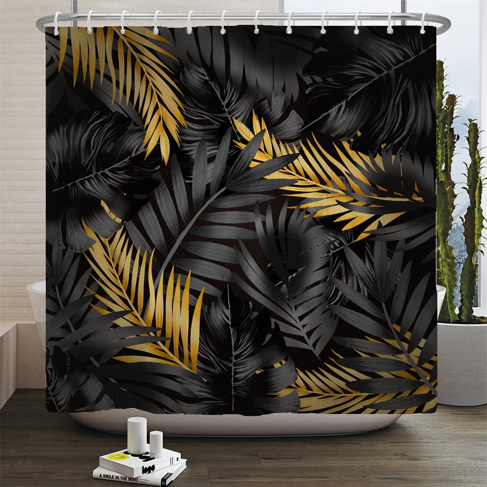 Black and Gold Tropical Plant Palm Leaf Bathroom Shower Curtain Set for ...