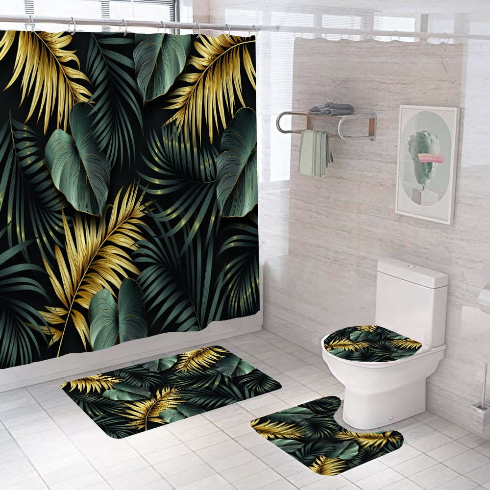 Black and Gold Tropical Plant Palm Leaf Bathroom Shower Curtain Set for ...