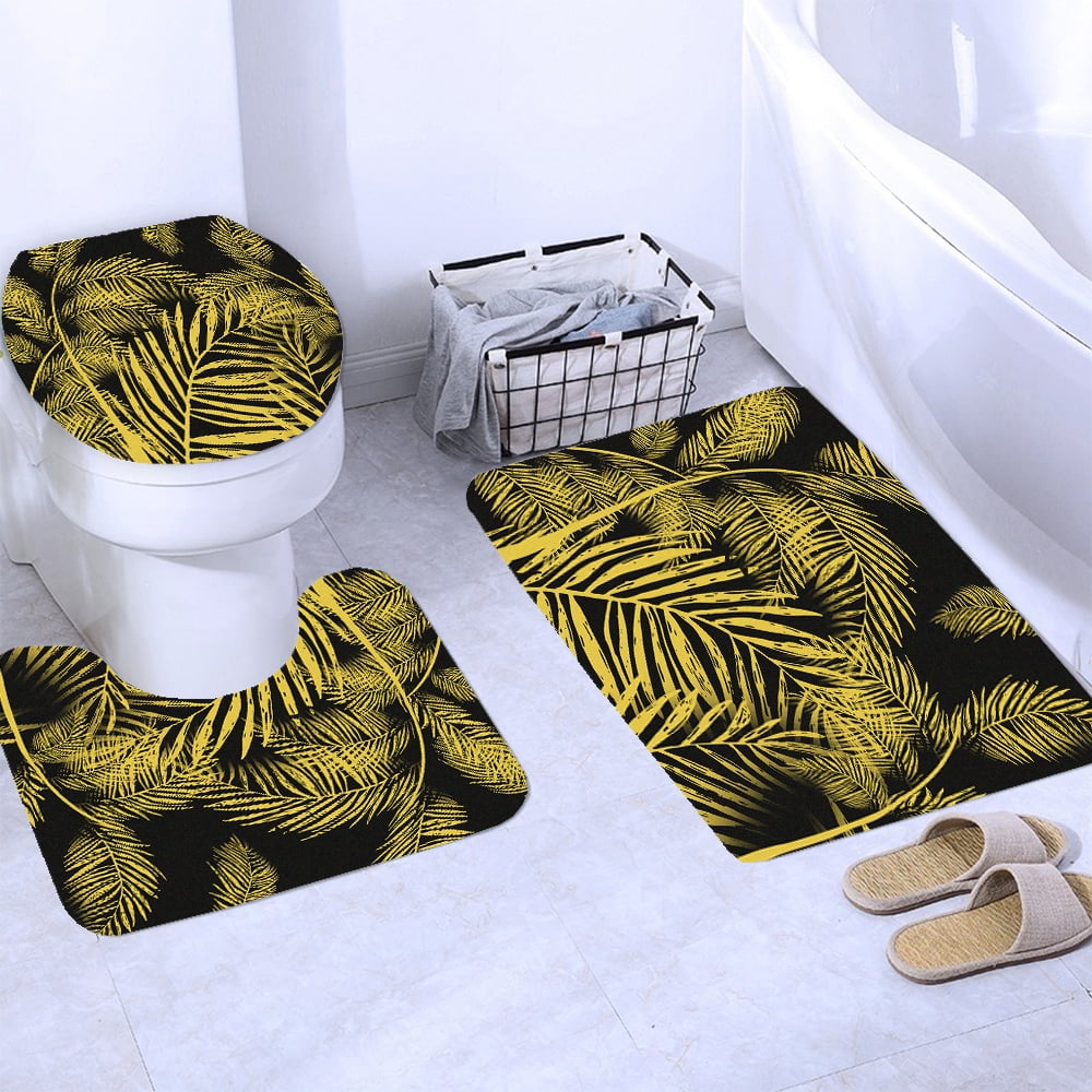 Black and Gold Tropical Plant Palm Leaf Bathroom Shower Curtain Set for ...