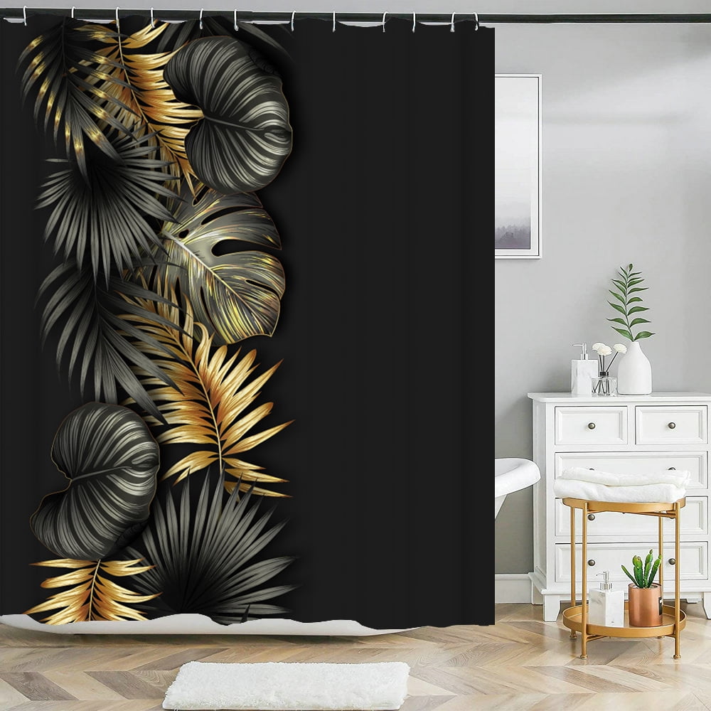 Black and Gold Tropical Plant Palm Leaf Bathroom Shower Curtain Set for ...
