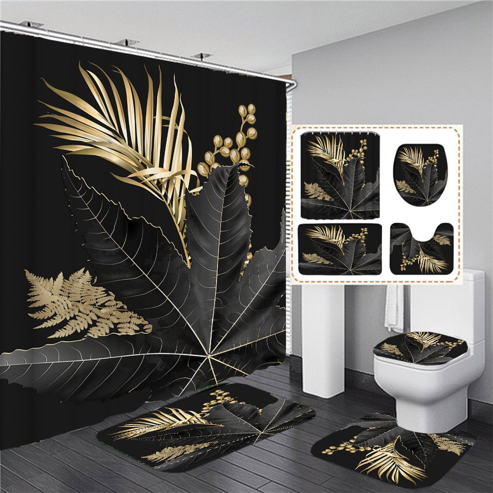 Black and Gold Tropical Plant Palm Leaf Bathroom Shower Curtain Set for ...