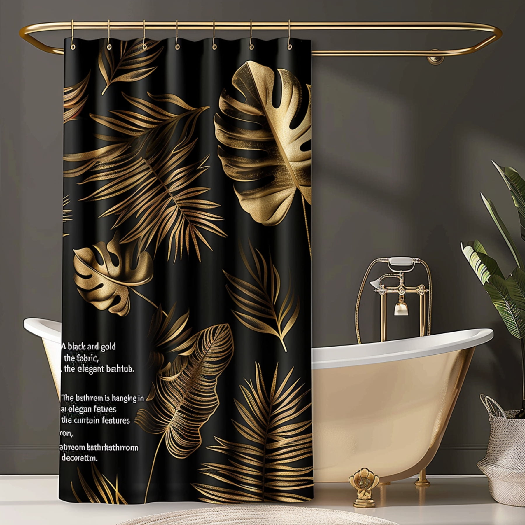 Black and Gold Tropical Rainforest Leaf Pattern Shower Curtain for ...