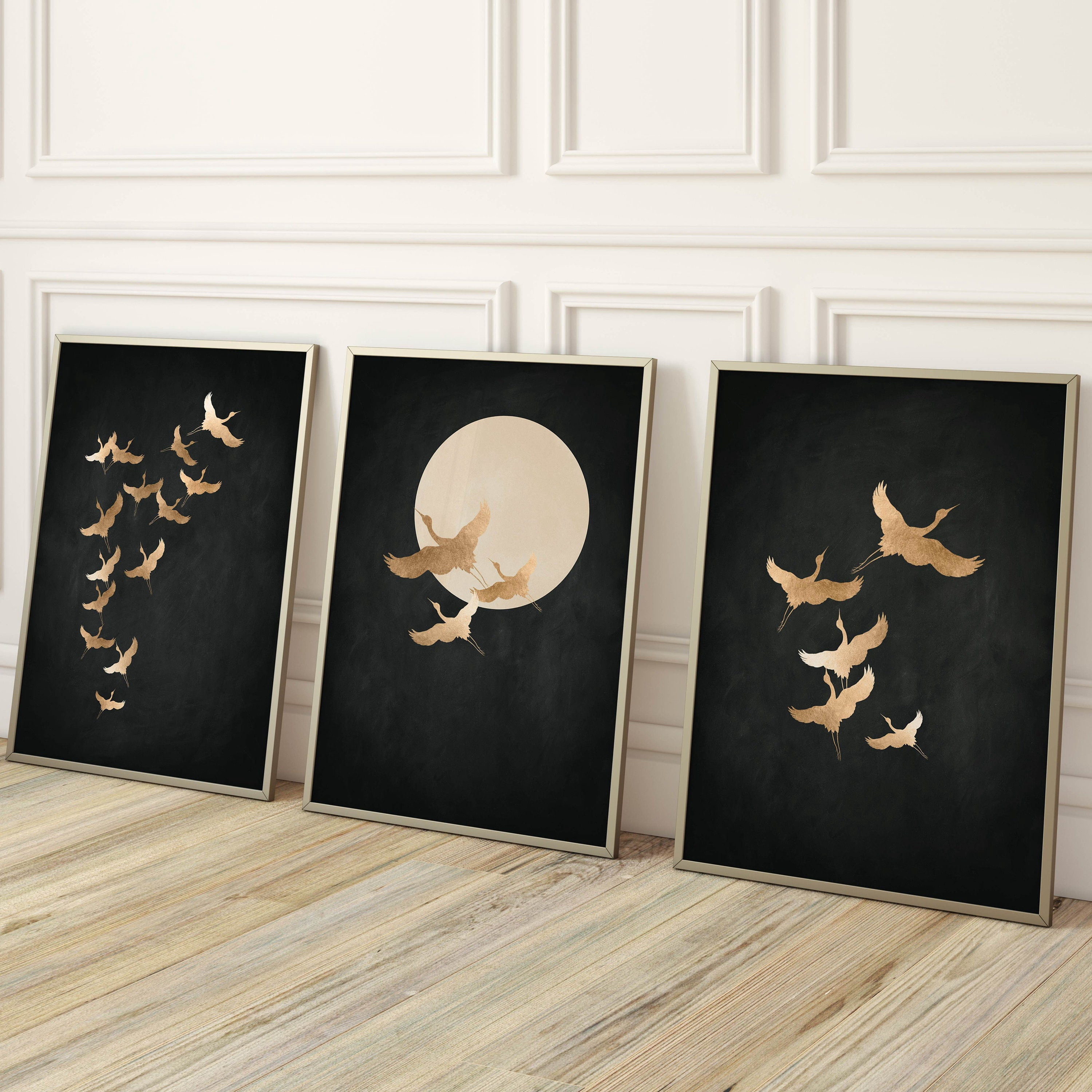 Black and Gold Wall Art Prints Flying Cranes Japanese Wall Art Prints ...