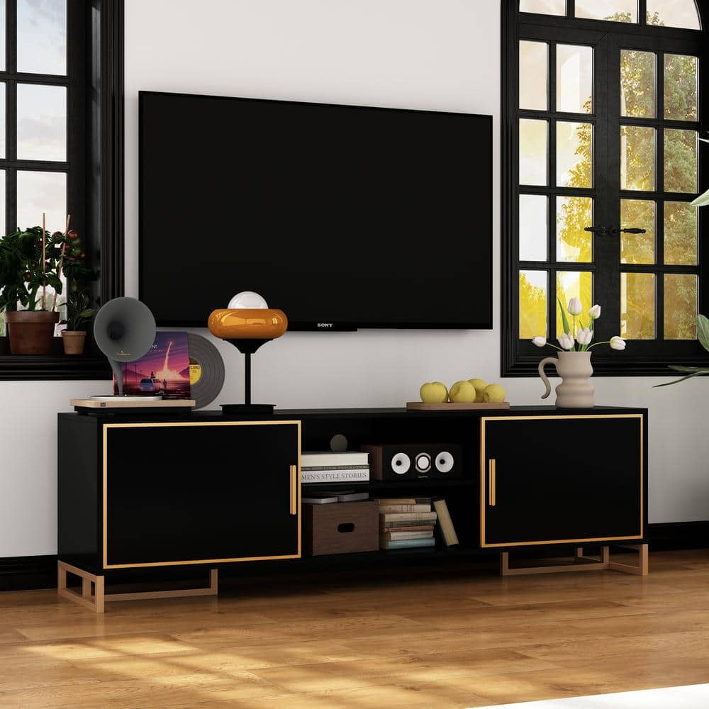 Black and Golden TV Stand Entertainment Center Fits TV's up to 70 in ...