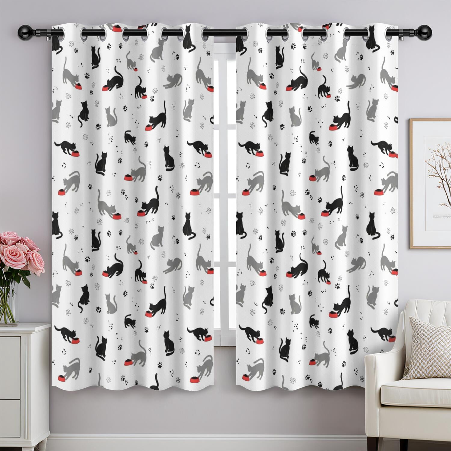 Black and Gray Cat and Dog Paw Print Blackout Curtains,Triple Weaved ...