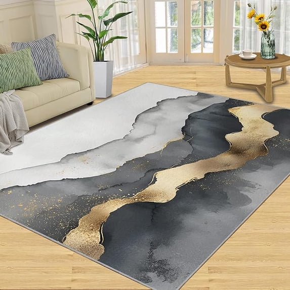 Black and Gray Marble Rugs for Bedroom, Gray and Gold Texture Area Rug ...