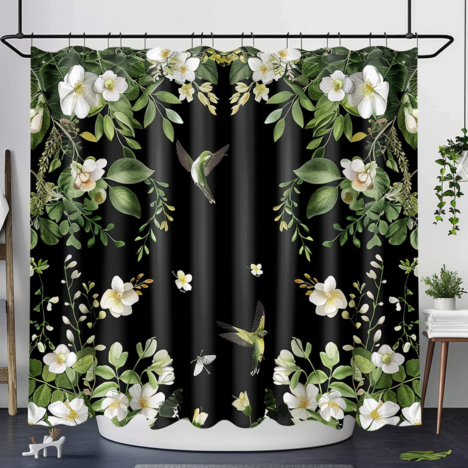 Black And Green Floral Hummingbird Shower Curtain Set Modern Nature