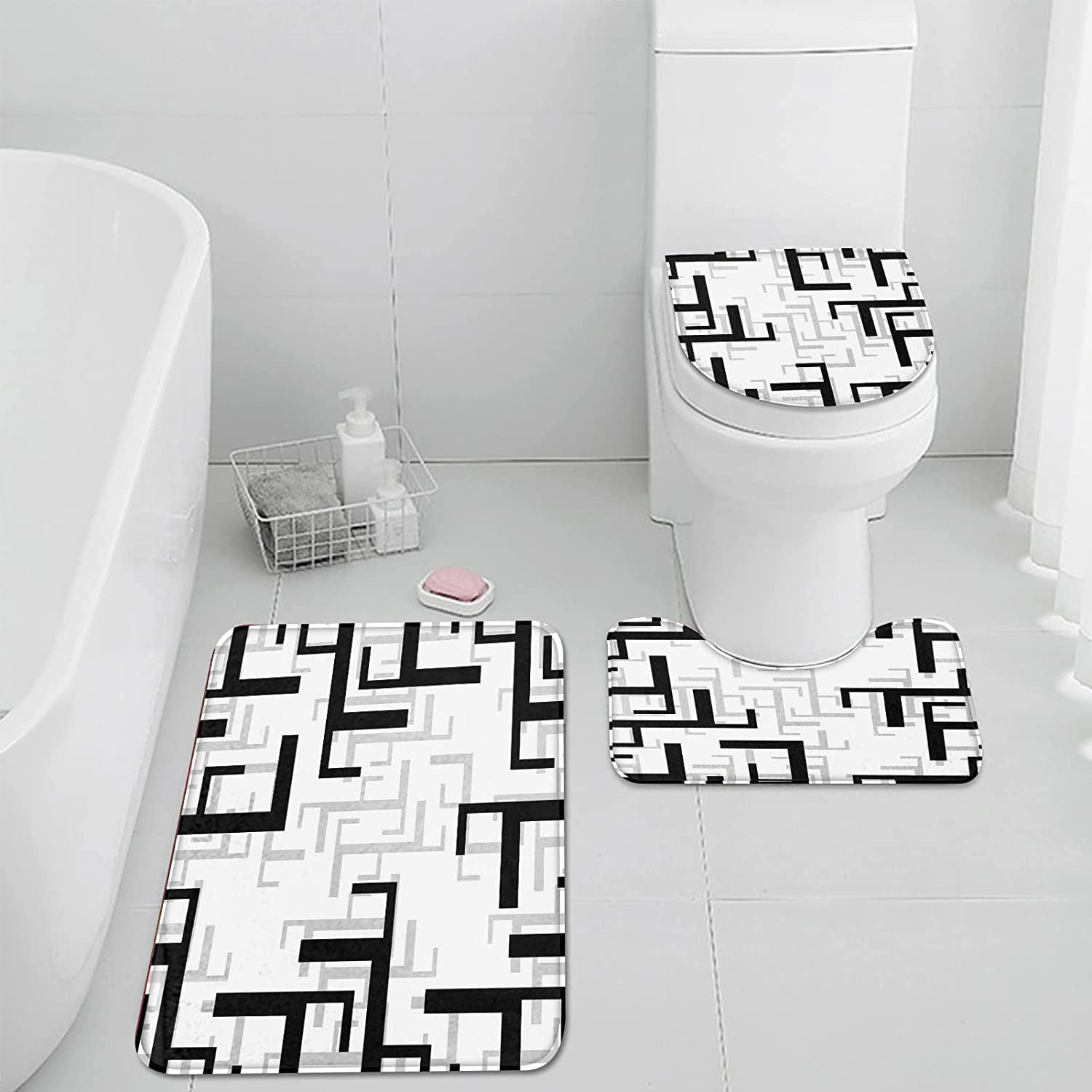 Black and Grey Abstract Bathroom Rug Set of 3 Geometric White 3 Pieces ...