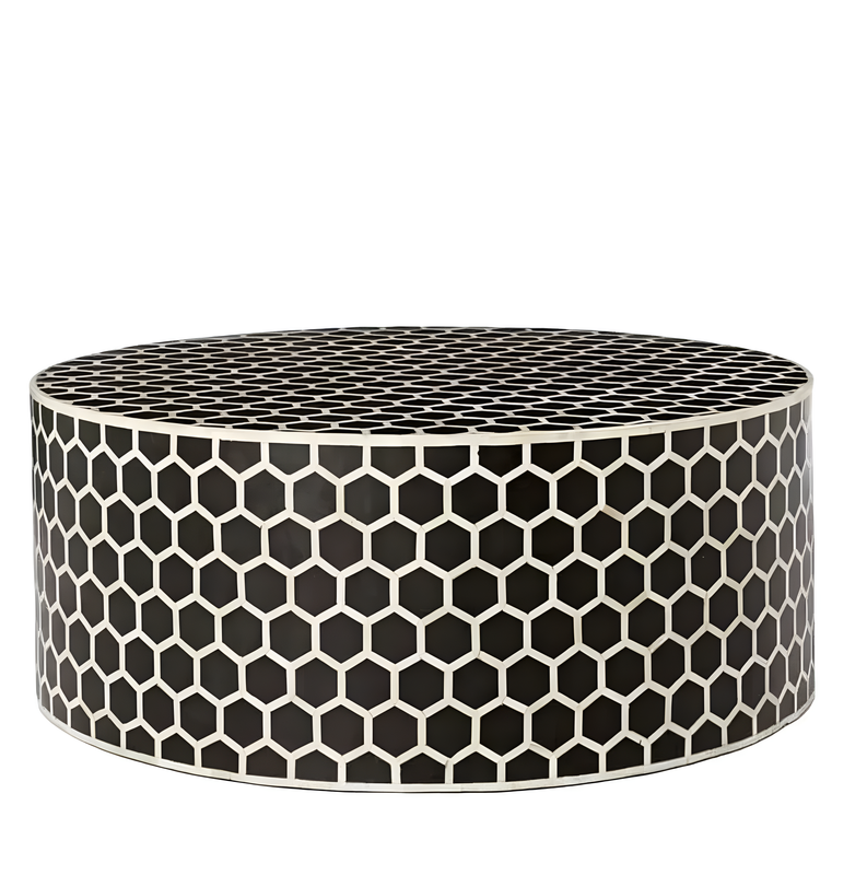 Black and Grey Bone Inlay Coffee Table – Circular Honeycomb Grid ...