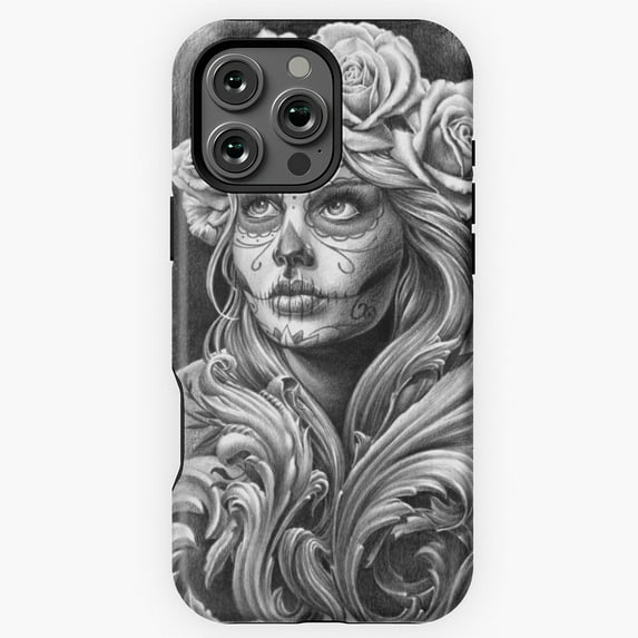 Black and Grey Catrina with a crown of roses Phone Case for iPhone 16 ...