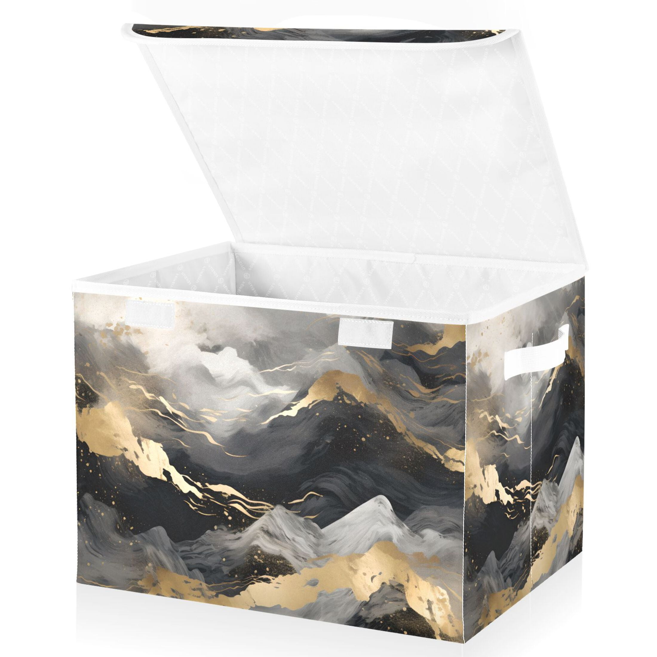 Black and Grey Marble Large Lidded Bin Foldable Storage Baskets Boxes ...