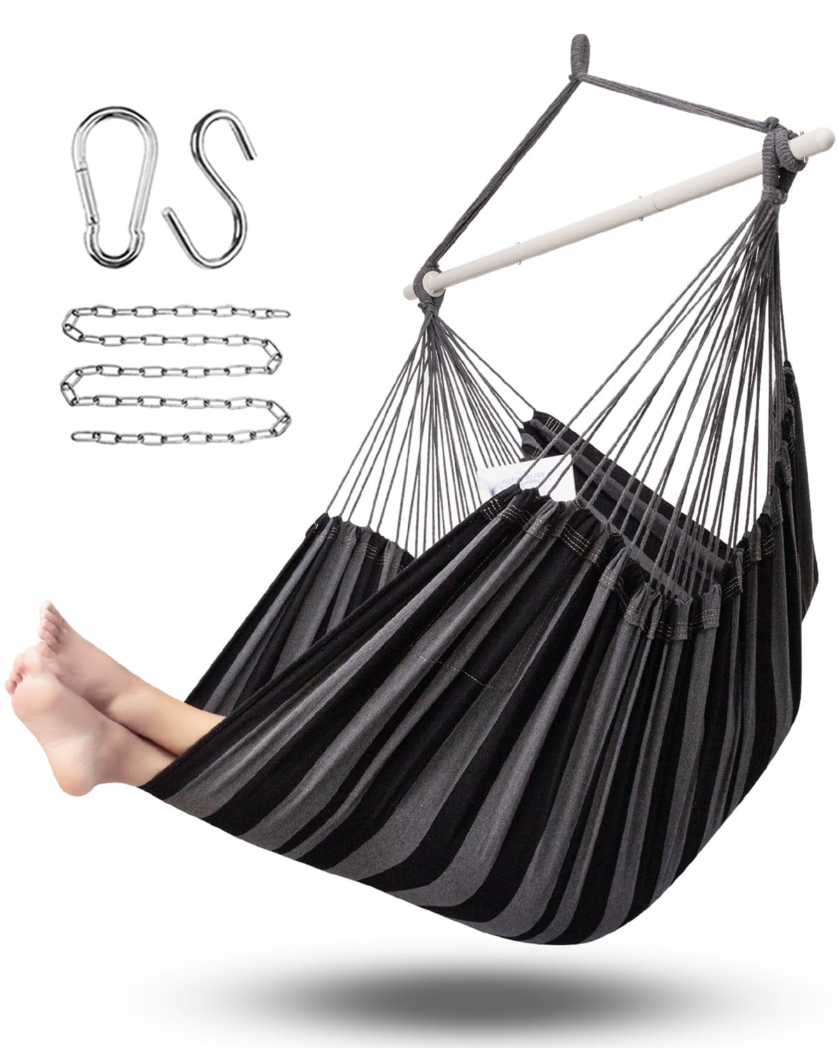Black and Grey Striped Hammock Chair, XXL Hanging Swing with Steel ...