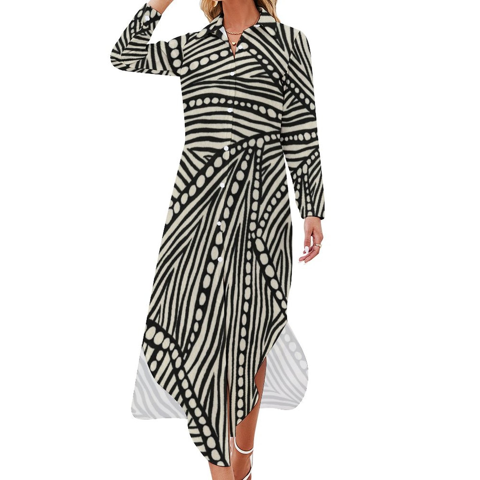 Black and Ivory Triangles Long Sleeved Shirt Dress clothes for woman ...