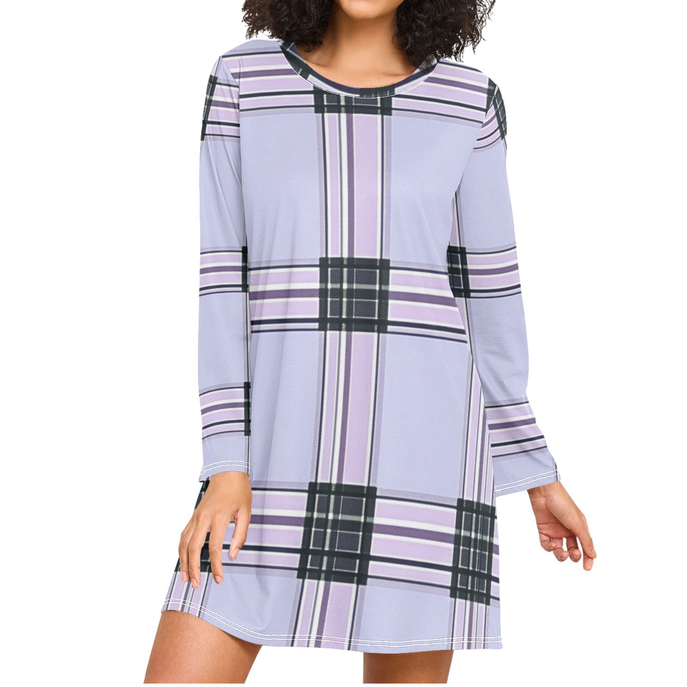 Black and Light Purple Plaids Women's Long Sleeves Nightgowns Sleepwear ...