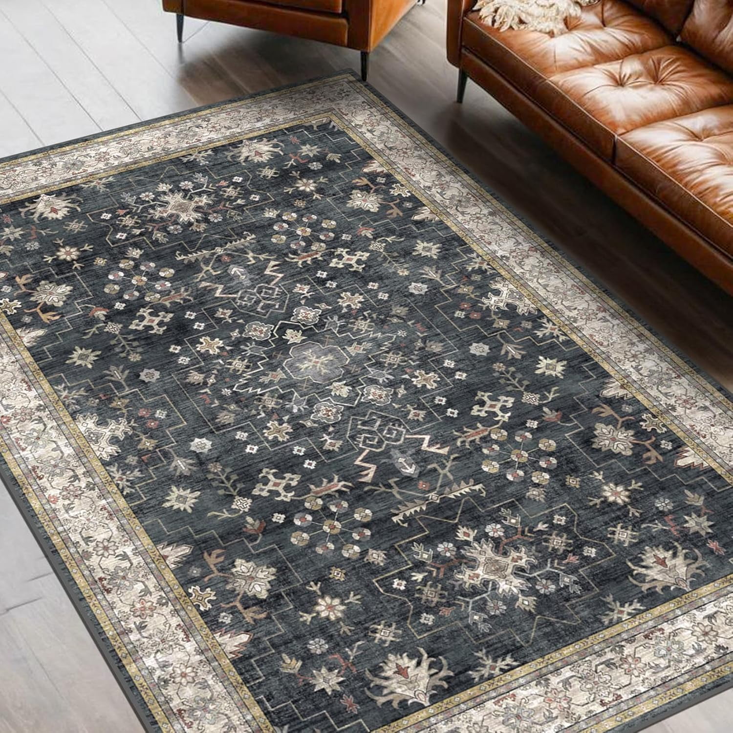 Black and Multi Boho Low Pile Non Slip Area Rug 5 Feet by 7 Feet ...