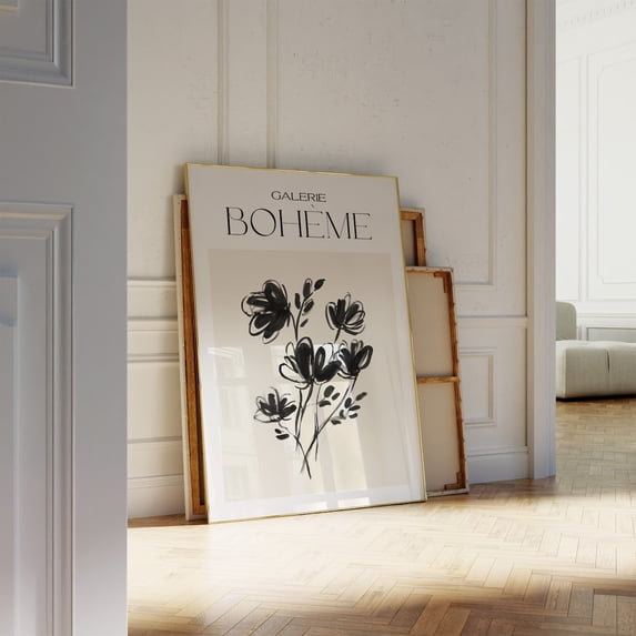 Black and Neutral Flower Print French Bohemian Botanical Bouquet Wall ...