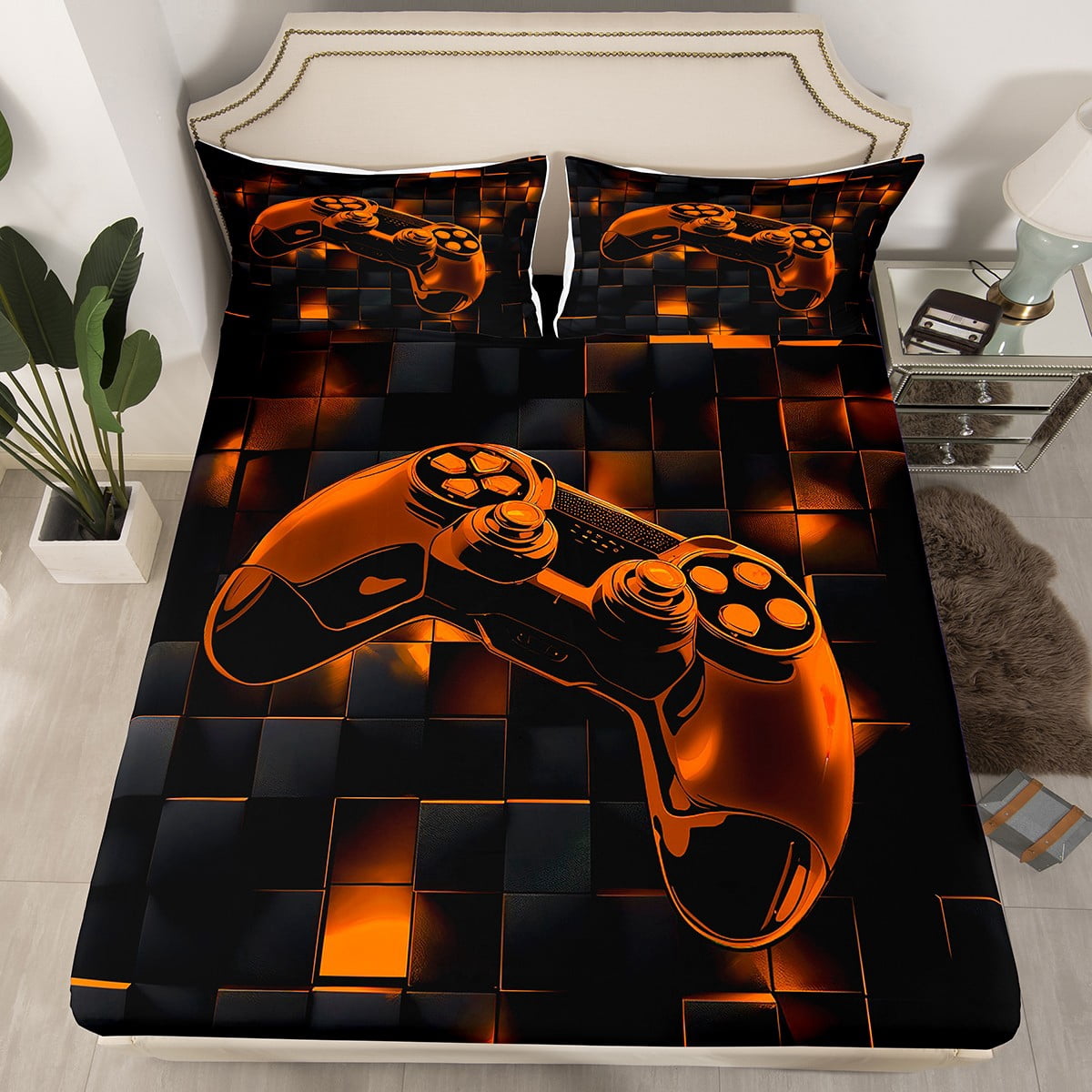Black and Orange Fitted Sheet Queen,Modern Geometric Gaming Bed Sheets ...
