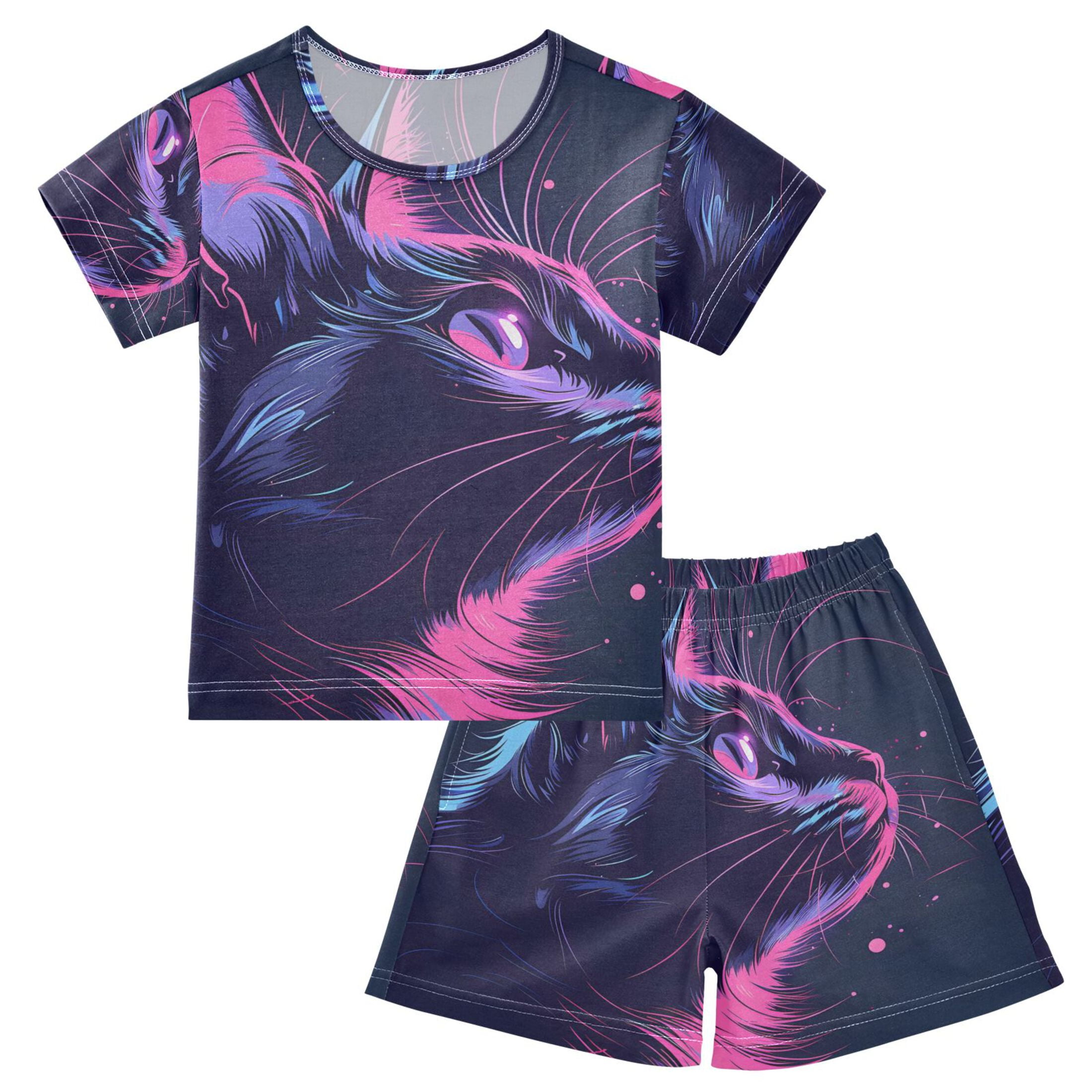 Black and Pink Cat Profile Summer Pajama Set Soft Cotton Short Sleeve ...