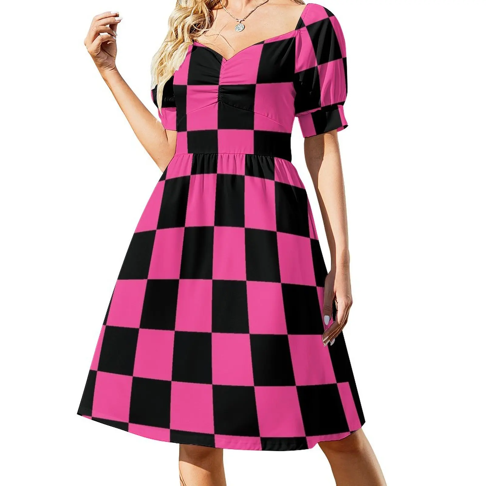 Black and Pink Checkerboard Pattern Sleeveless Dress dress summer 2025 ...