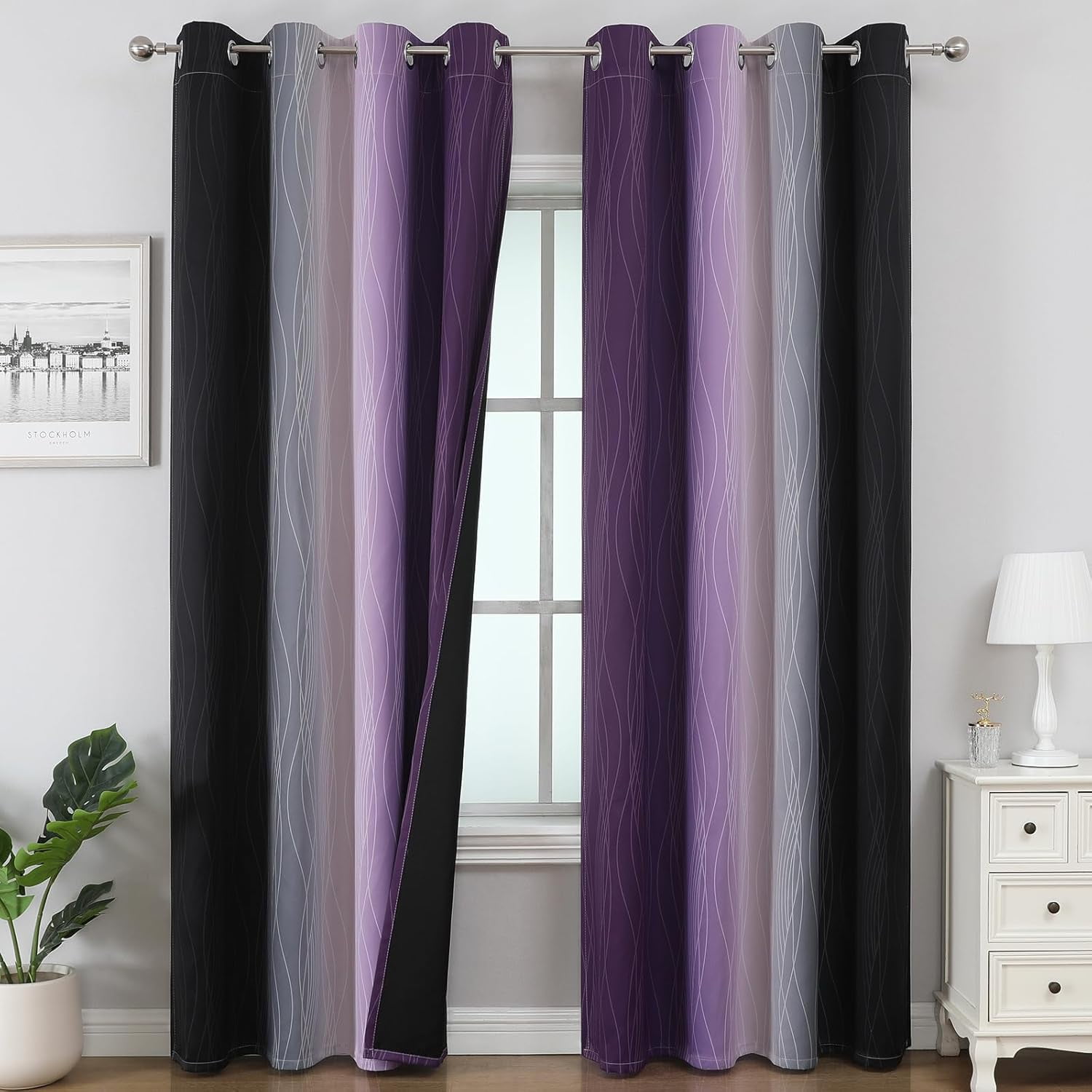 Black and Purple Ombre Blackout Curtains, Thermal Insulated Gradient ...