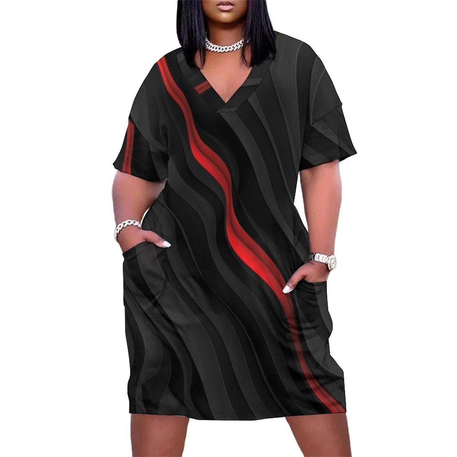 Black and Red Abstract Modern Design Loose Pocket Dress prom clothes ...