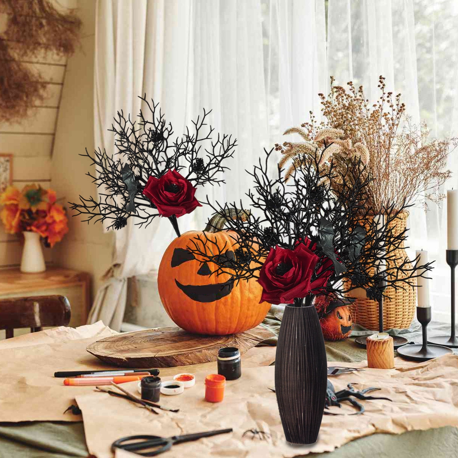Black and Red Artificial Dead Branch with Flowers Halloween Decoration ...