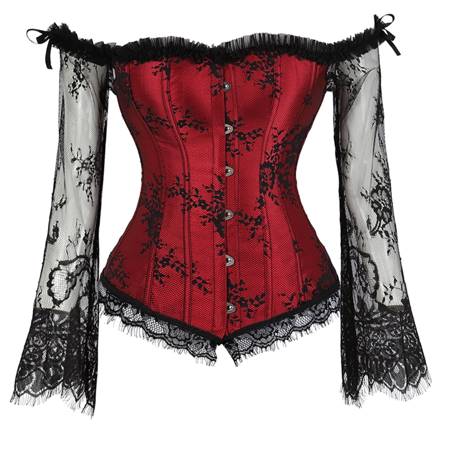 Black and Red Corsets for Women Bustier Sleeves Lace up Floral Costumes ...