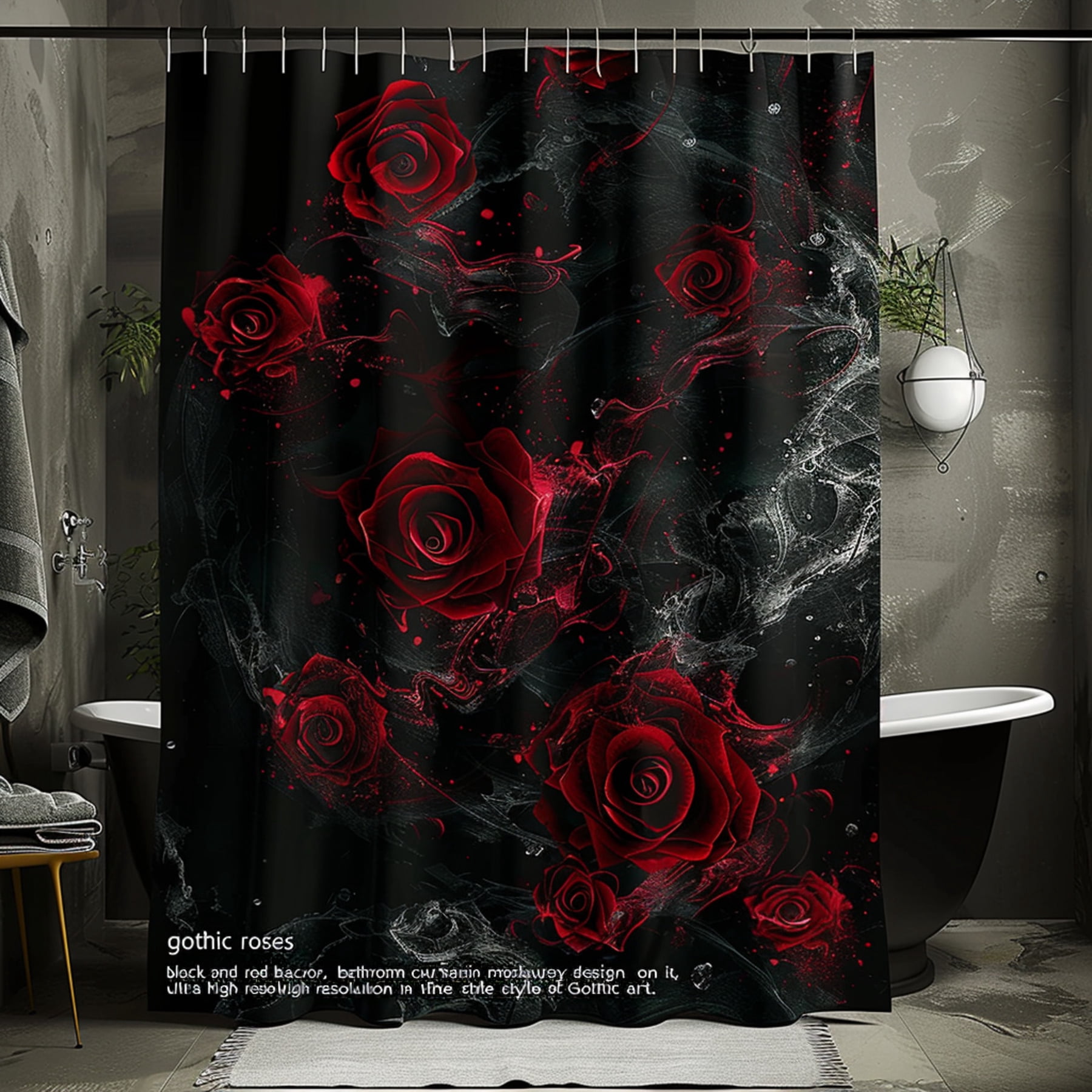 Black and Red Gothic Roses Bathroom Curtain with Dark Fantasy Design ...