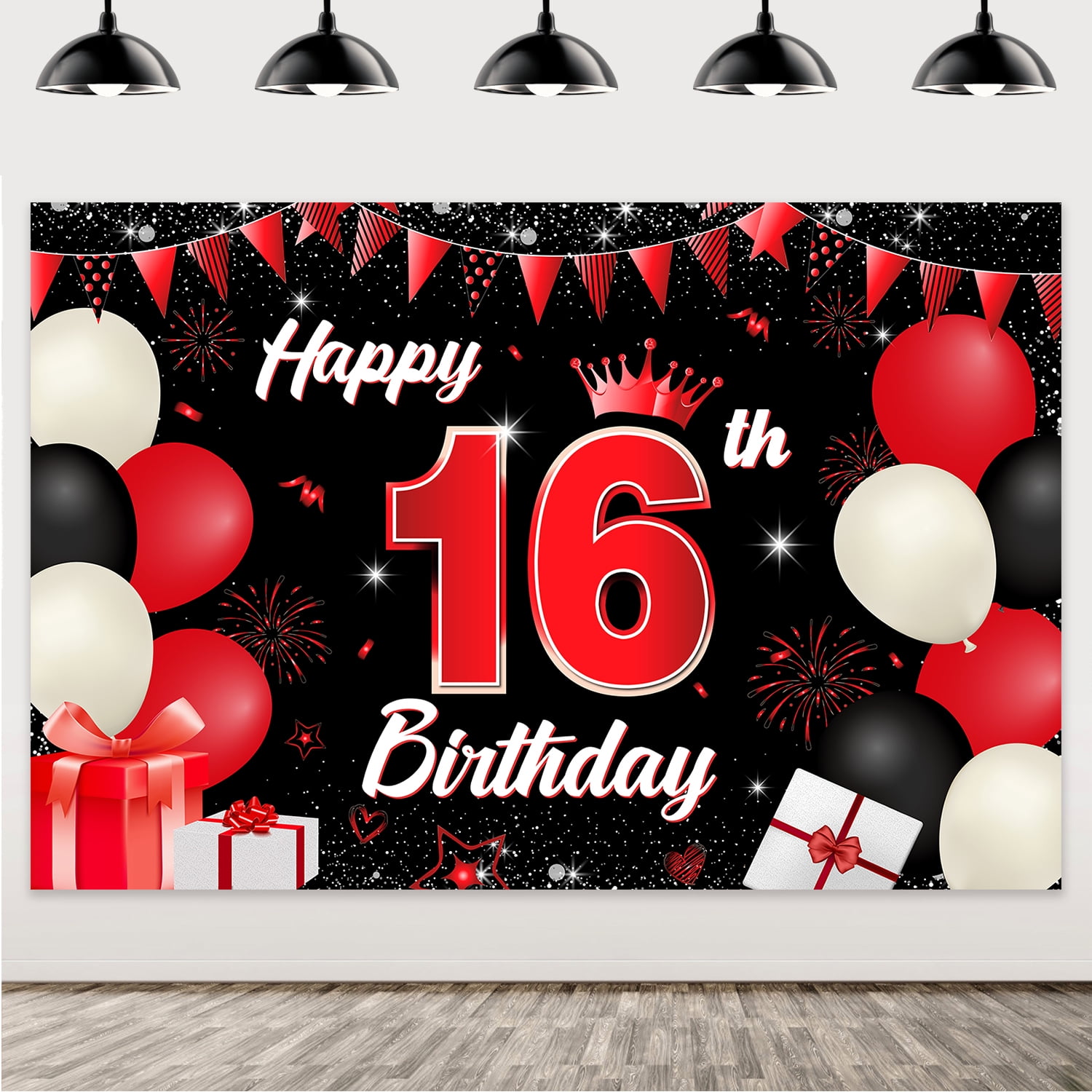 Black and Red Happy 16th Birthday Background Cake Topper Balloons Party ...