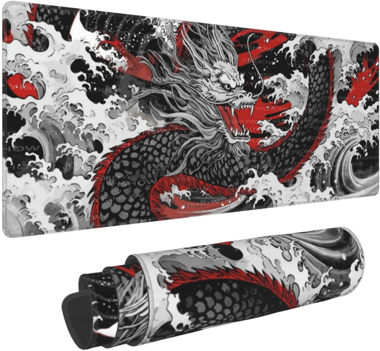 Black and Red Japanese Dragon Wave Mouse Pad Extended Large Gaming ...
