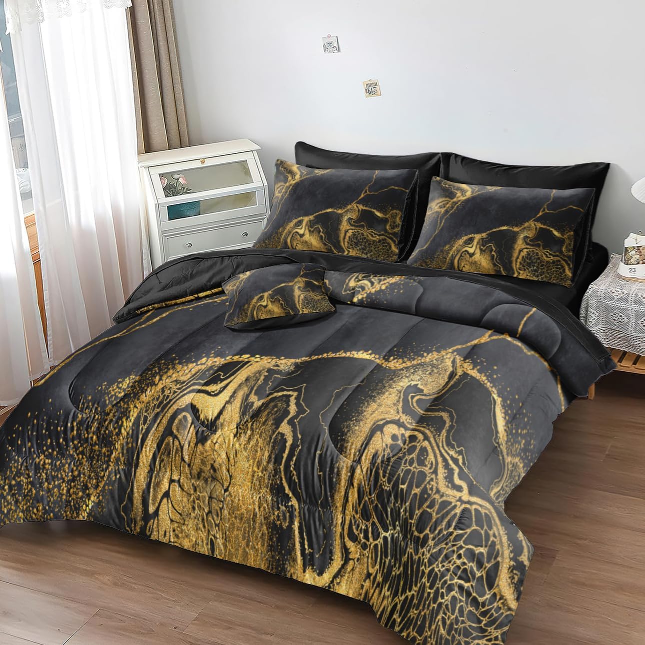 Black and Red Marble Comforter Set Size Foil Print Glitter 8 Pieces Bed ...