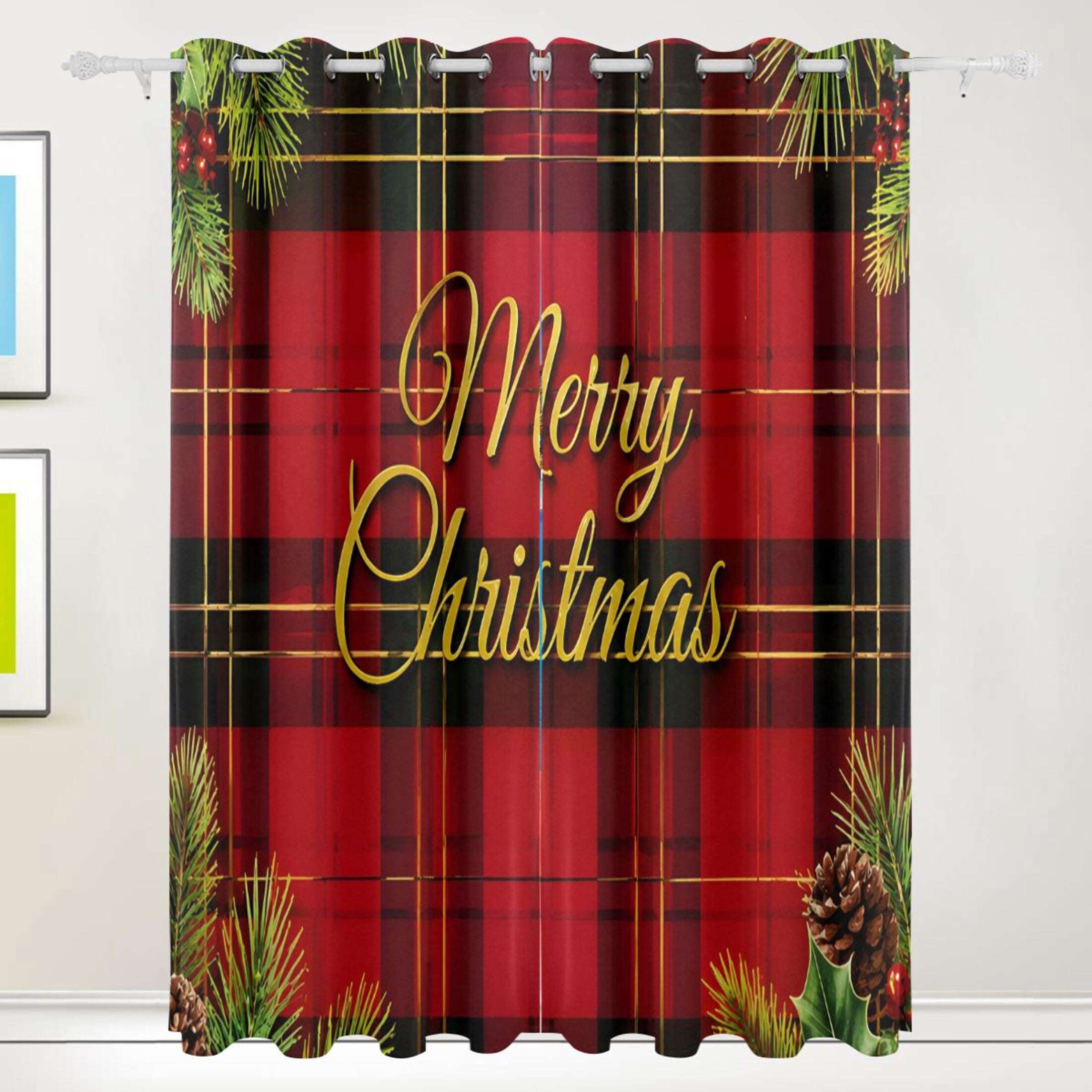 Black and Red Plaid Christmas Blackout Curtains 55W x 84L Living Room ...