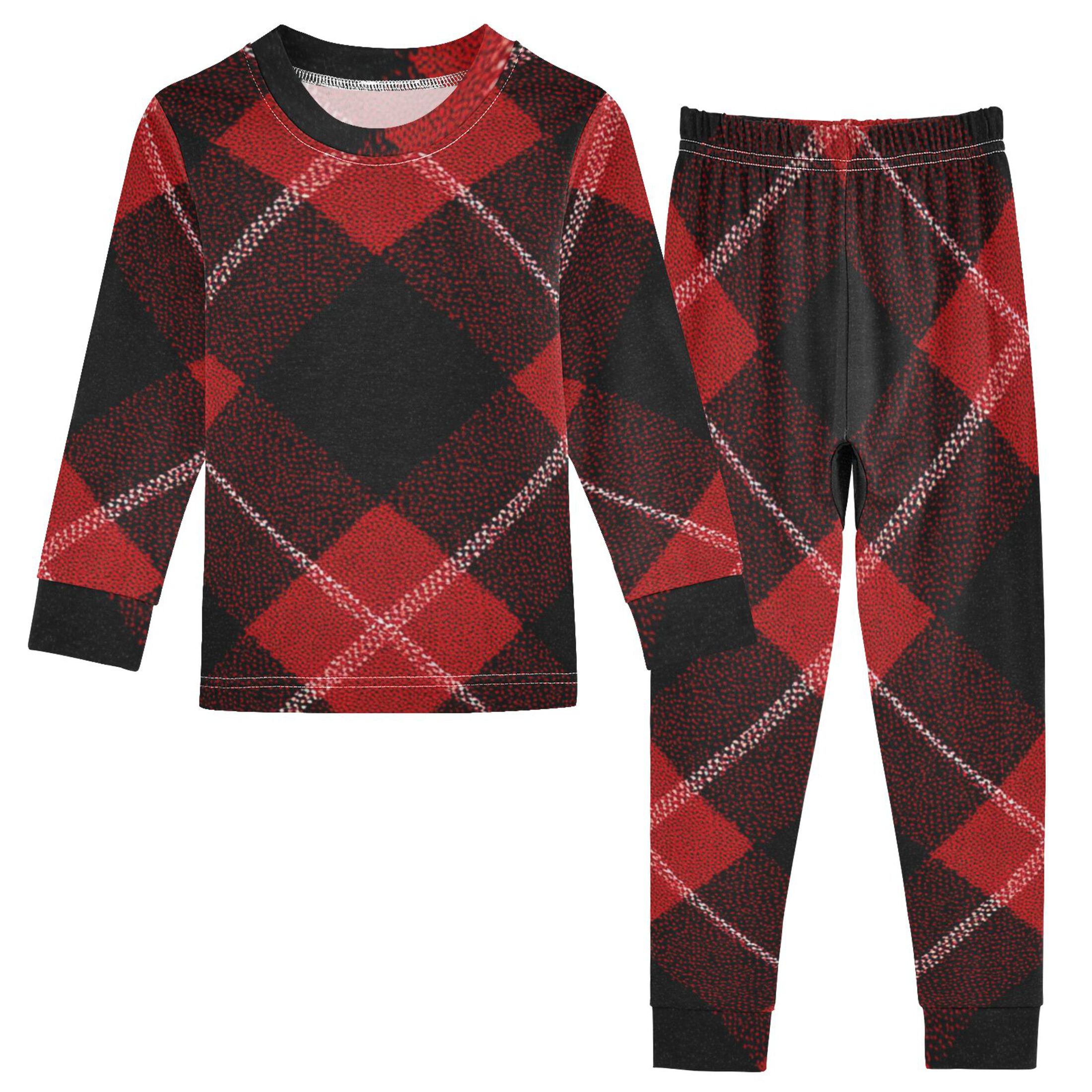 Black and Red Plaids White Lines Cotton Pajama Set Long Sleeve Top and ...
